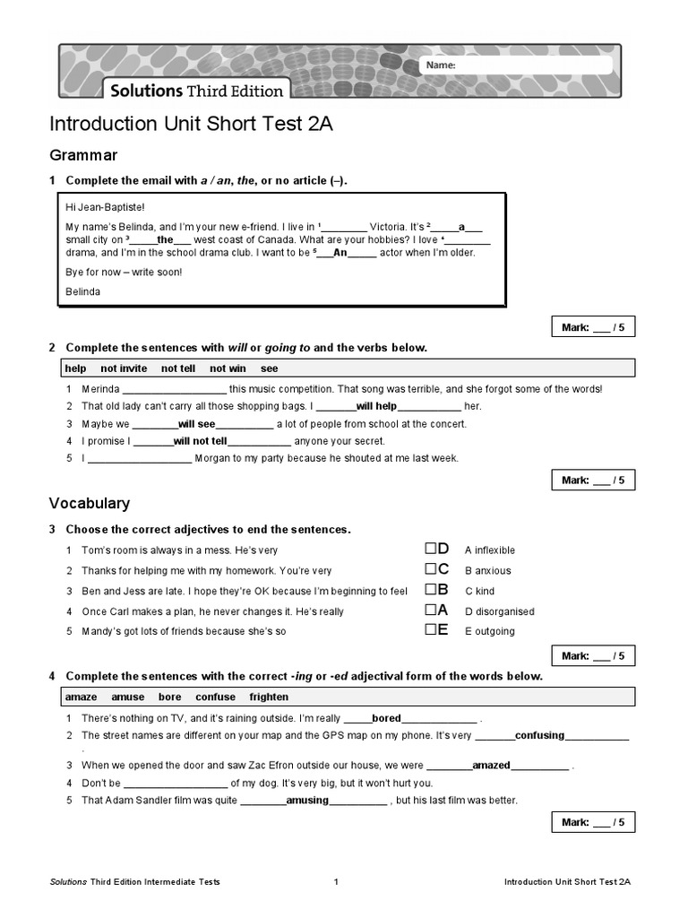 Introduction Unit Short Test 2A: Grammar | PDF | Morphology ...