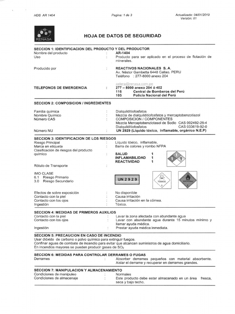Hoja de Seguridad AR 1404 para Minerales | PDF | Química | Materiales
