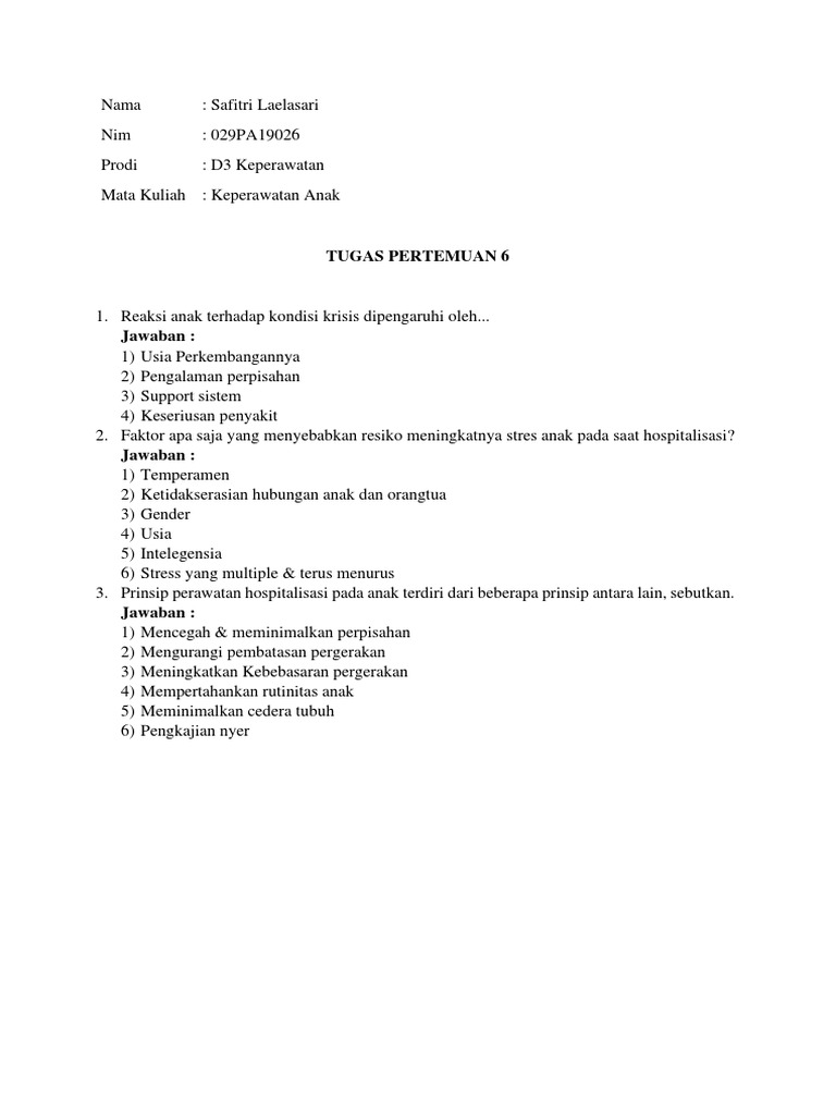 Tugas Kep Anak Pertemuan 6 (Soal) PDF | PDF | Pengembangan Diri