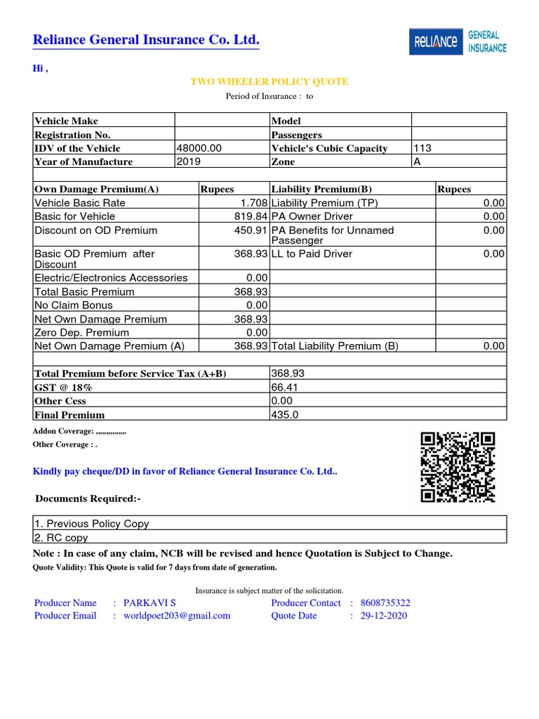 Reliance General Insurance Co. LTD.: Two Wheeler Policy Quote ...