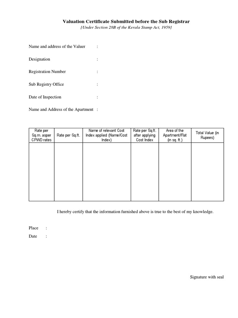 Valuation Certificate Submitted Before The Sub Registrar: (Under Section 28B of The Kerala Stamp ...