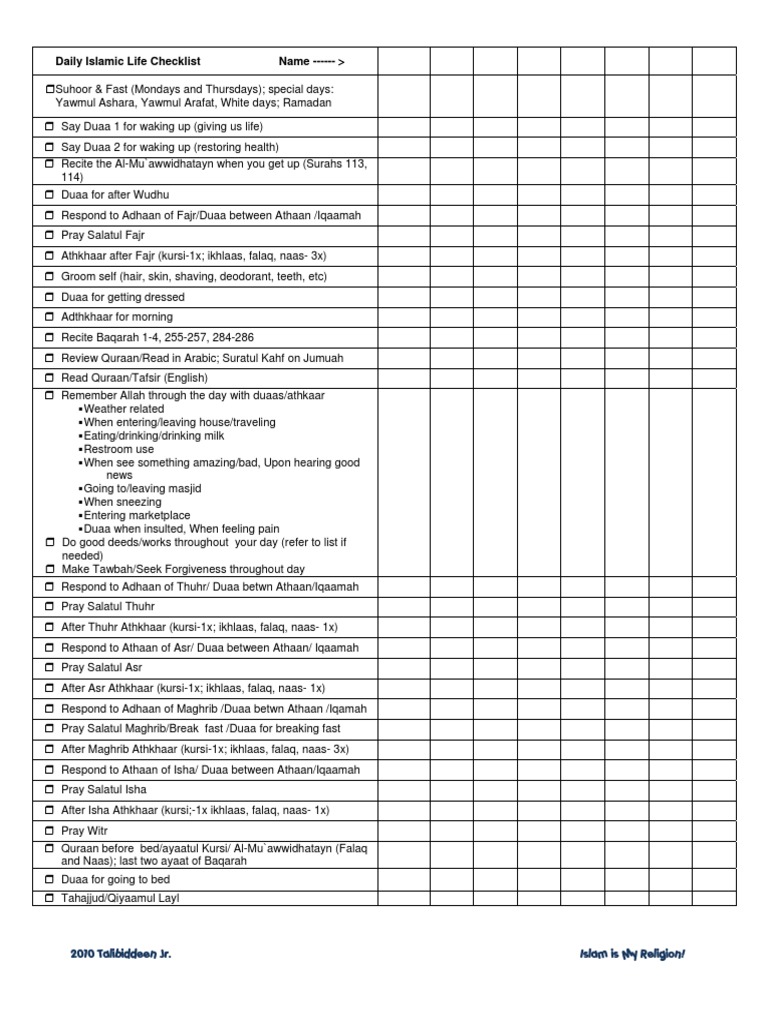 Daily Islamic Life Checklist Guide | PDF
