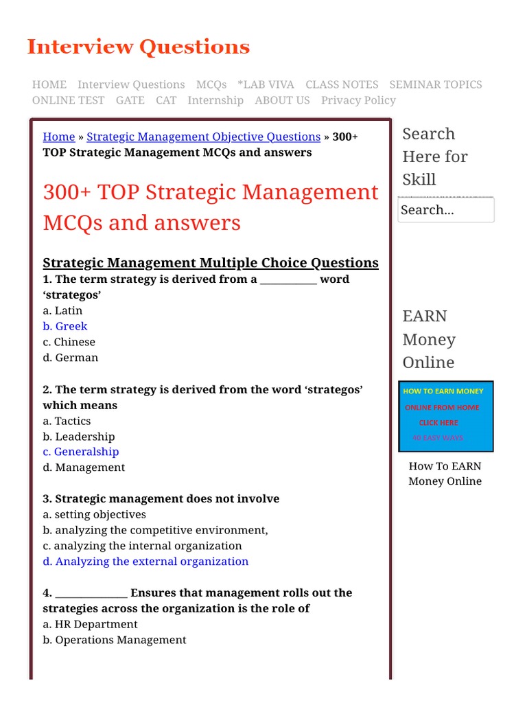 300+ TOP Strategic Management MCQs and Answers 2021 PDF | PDF ...