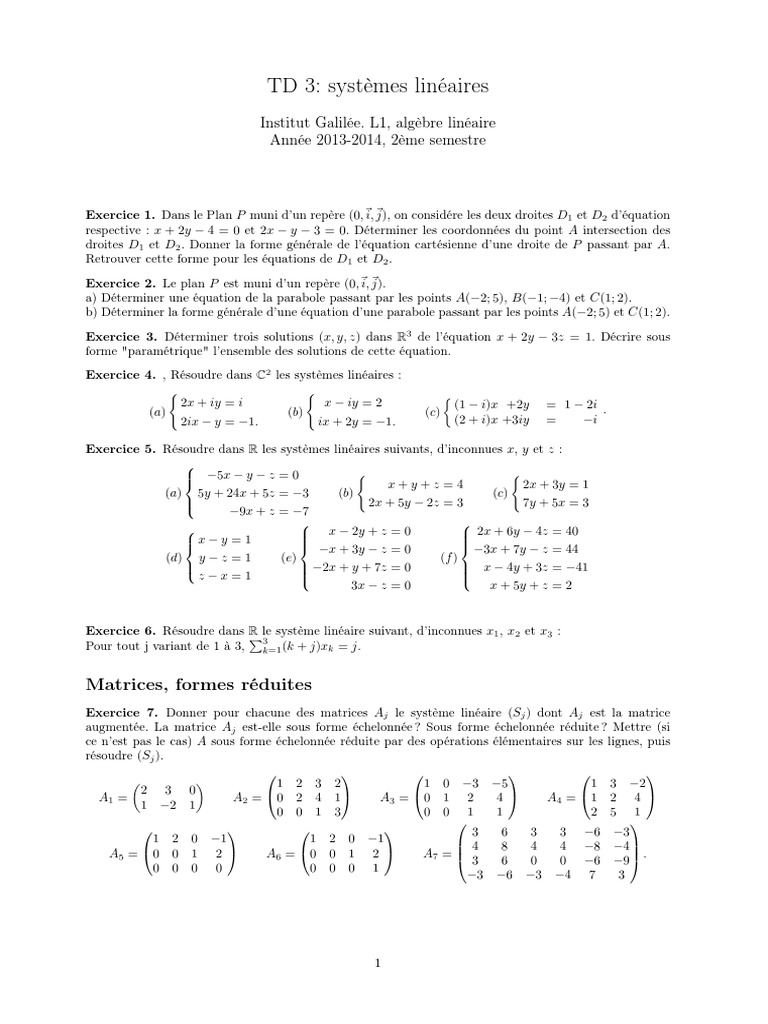 Systèmes Linéaires : Exercices et Résolutions | PDF | Équations ...
