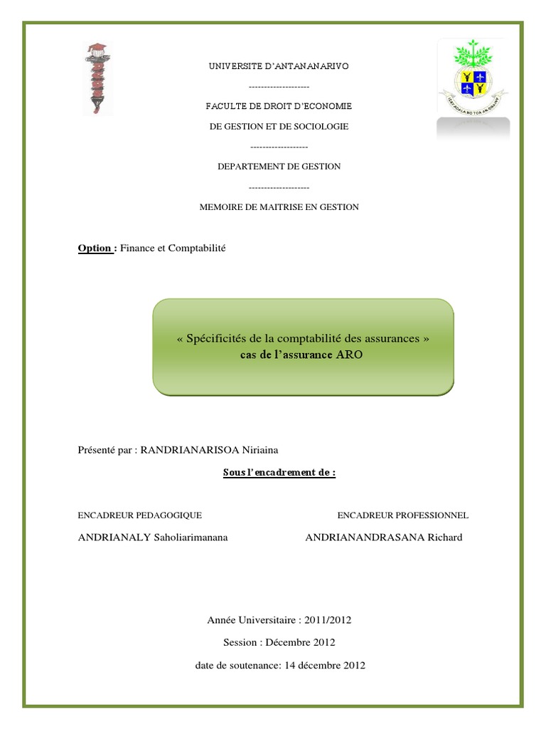 Spécificités de La Comptabilité Des Assurances Cas de L'assurance ARO ...