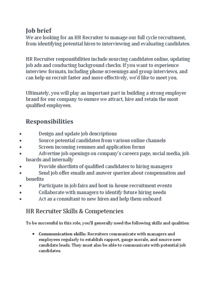 HR Recruiter Job Description | PDF | Career & Growth