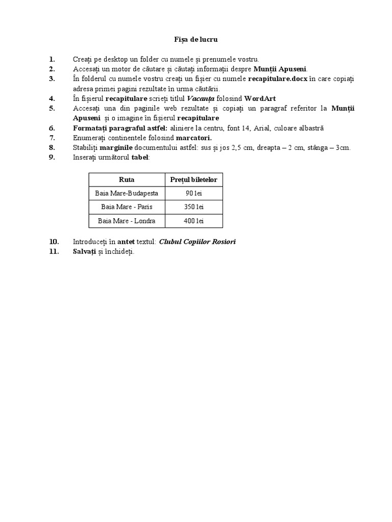 Fisa de Lucru Word - 1 | PDF