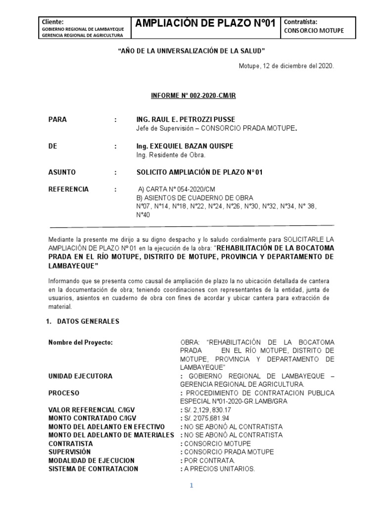 Solicitud Ampliacion de Plazo N - 1 | PDF | Gobierno
