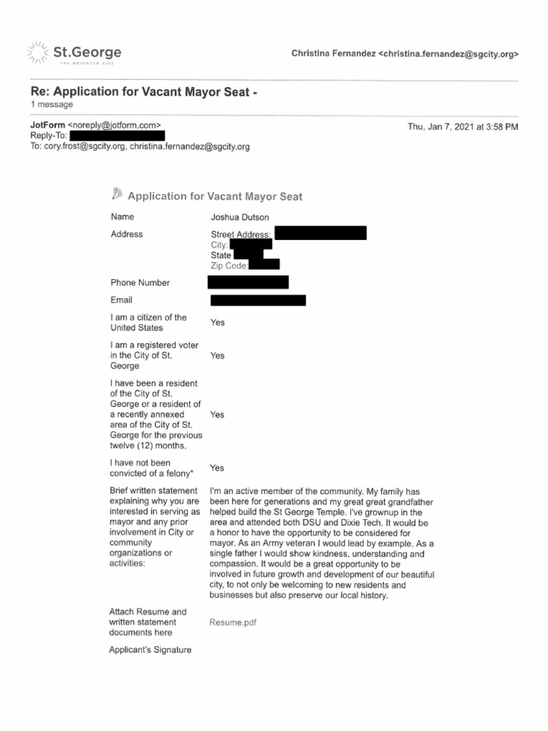 Joshua Dutson Mayor Resume | PDF