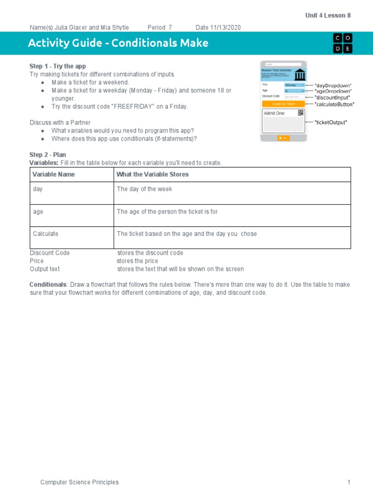 U4l08 Activity Guide - Conditionals Make - Unit 4 Lesson 8 | PDF ...