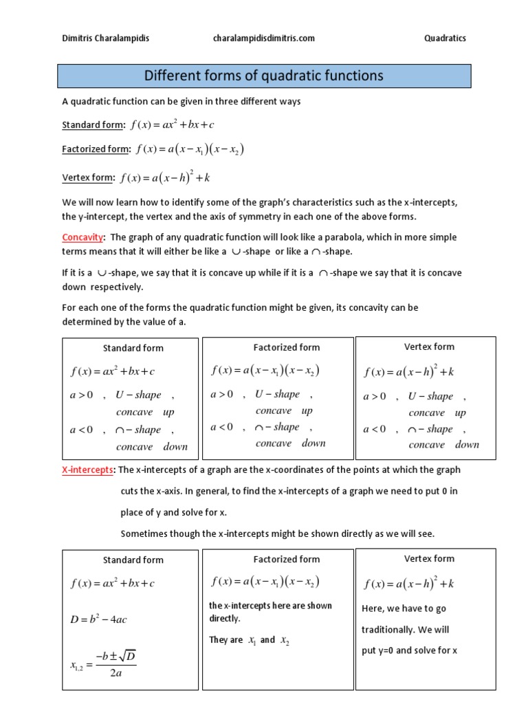 Different Forms Of Quadratic Functions Pdf Combinatorics Mathematical Relations