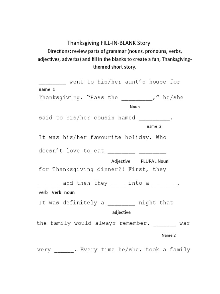 Thanksgiving FILL-IN-BLANK Story | PDF