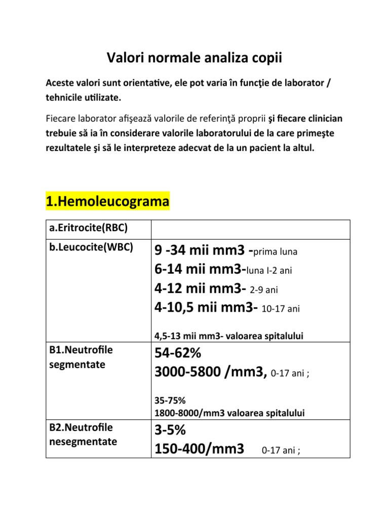 Valori Normale Analiza Copii | PDF