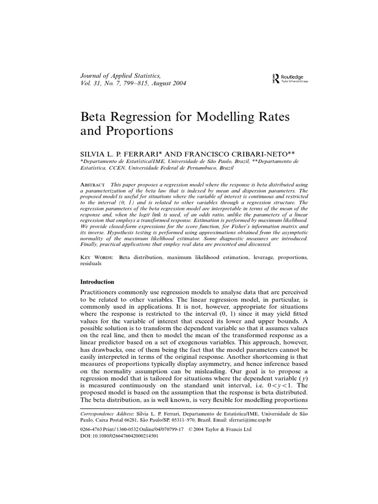 Beta Regression For Modelling Rates and Proportions: Silvia L. P ...