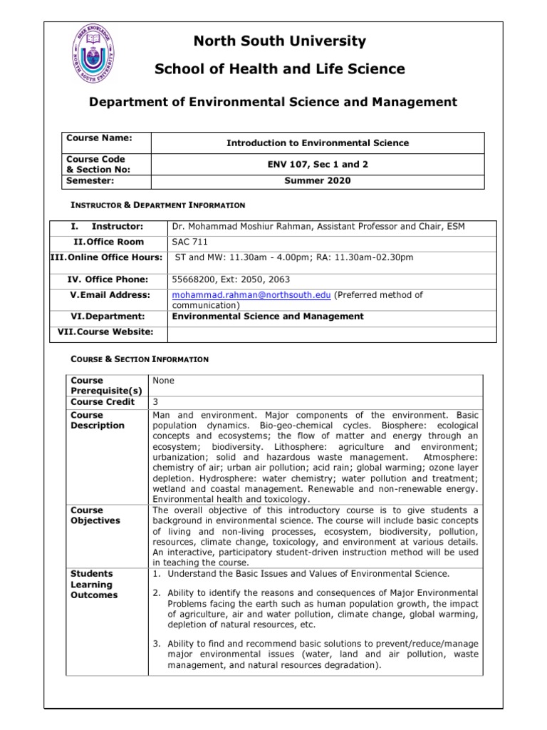 ENV 107 Course Outline Summer 2020-Mdo | PDF | Natural Environment ...
