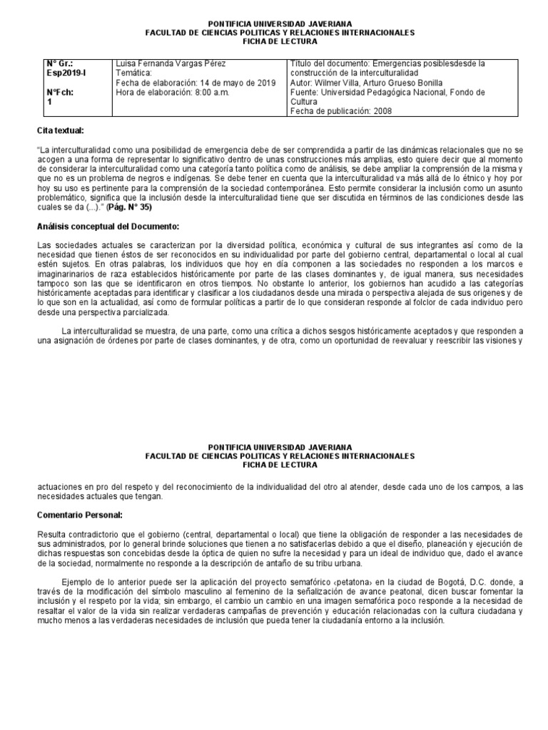 FICHA Villa y Grueso - LFVP | PDF | Interculturalidad | Relaciones Internacionales