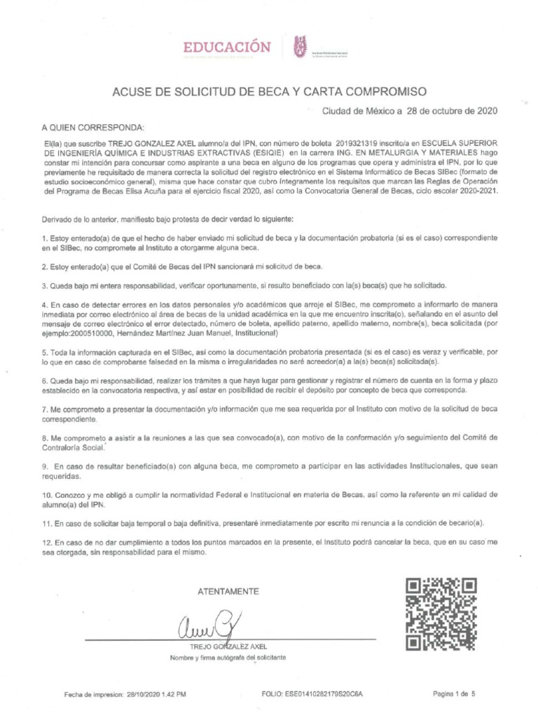 Acuse de Solicitud de Beca y Carta Compromiso - Axel Trejo Gonzalez | PDF