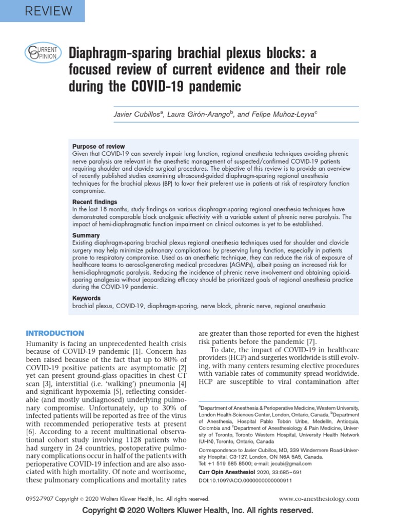 Diaphragm Sparing Brachial Plexus Blocks A.12 | PDF | Anesthesia | Surgery