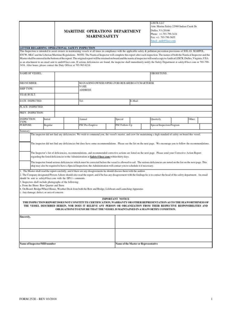 Seaworthiness Inspection Report Form 252E | PDF | Ships | Shipping