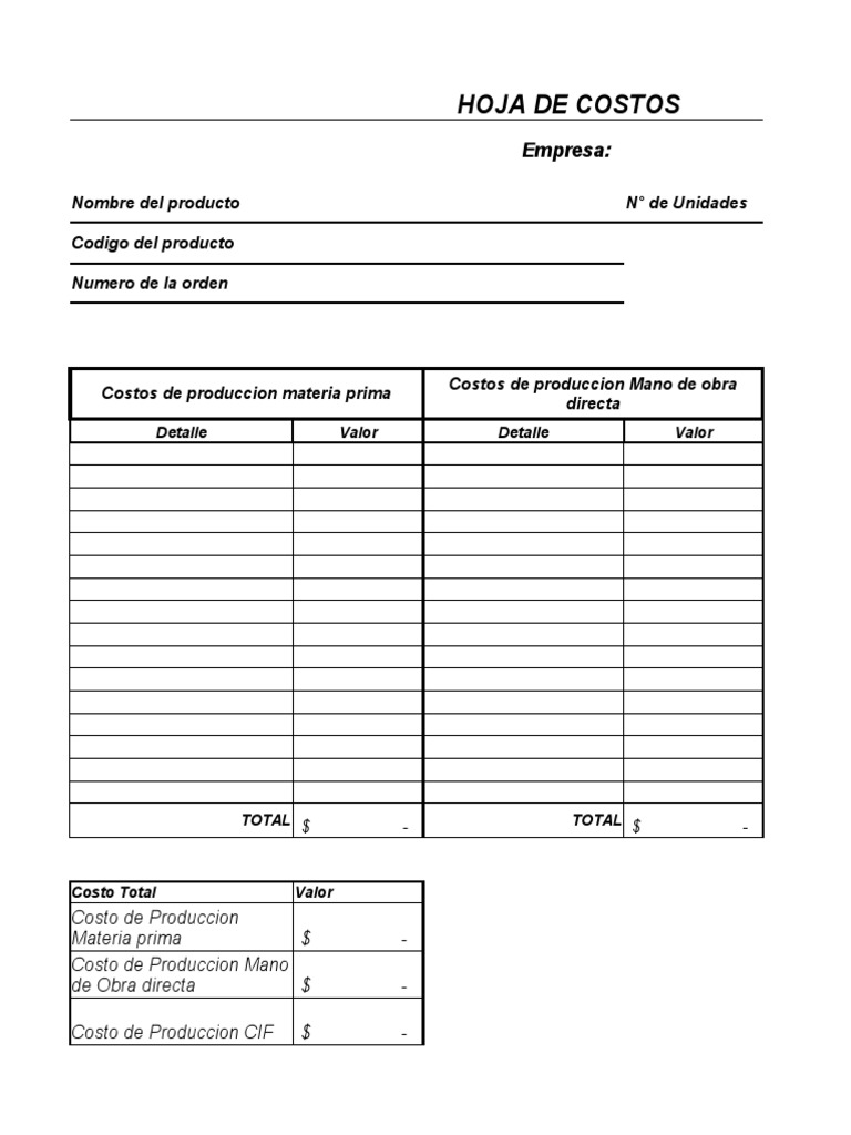 Formato Hoja de Costos | PDF