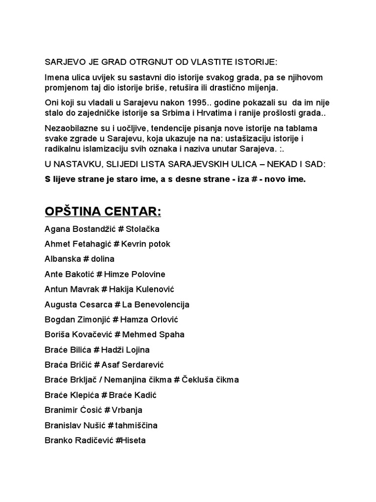 Sarajevske Ulice Nekad I Sad | PDF