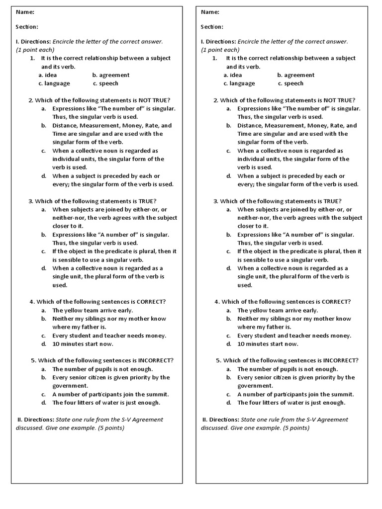 (1 Point Each) (1 Point Each) | PDF | Grammatical Number | Verb
