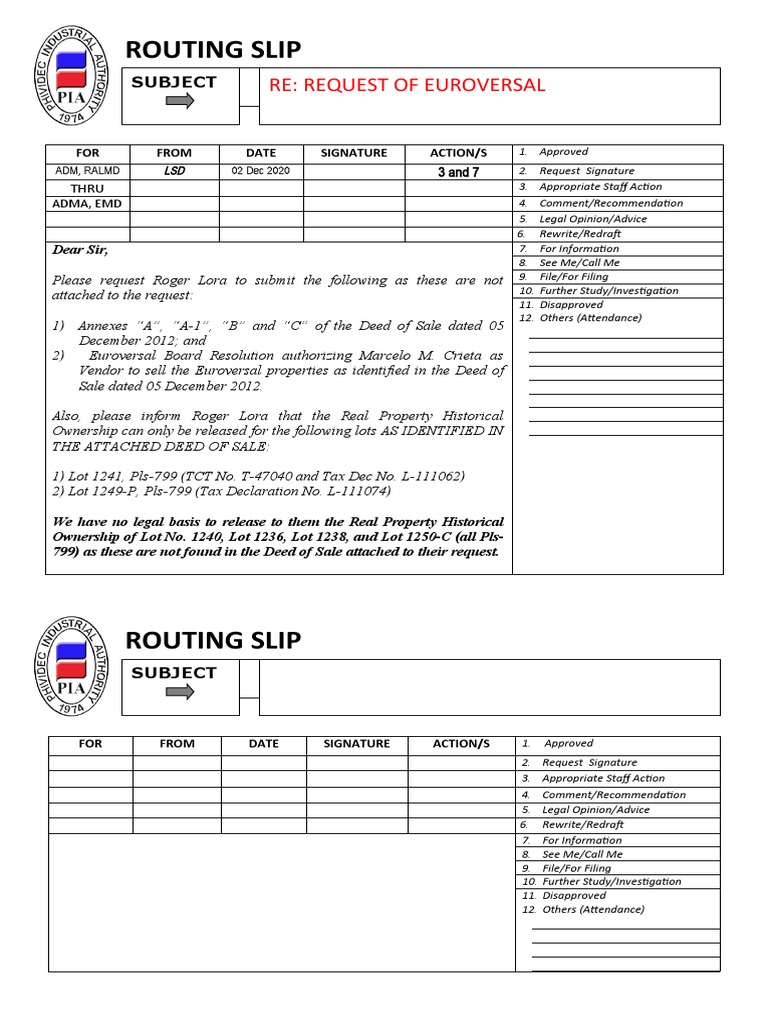 Routing Slip Blank Format | PDF | Real Property Law | Civil Law (Common ...