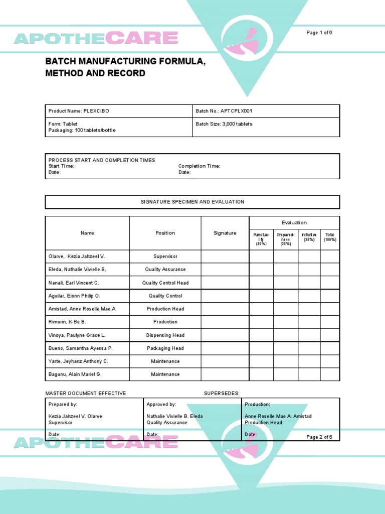 Batch Manufacturing Formula, Method and Record: Punctua-Lity (30% ...