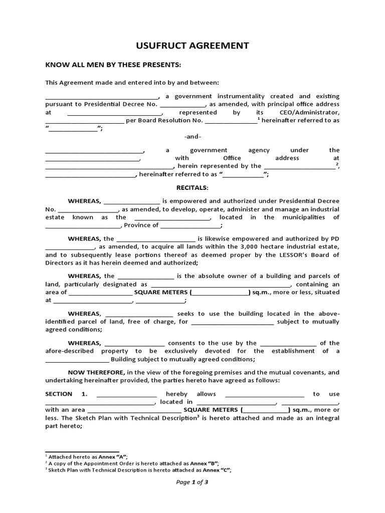 USUFRUCT AGREEMENT Blank Format | PDF | Lease | Government