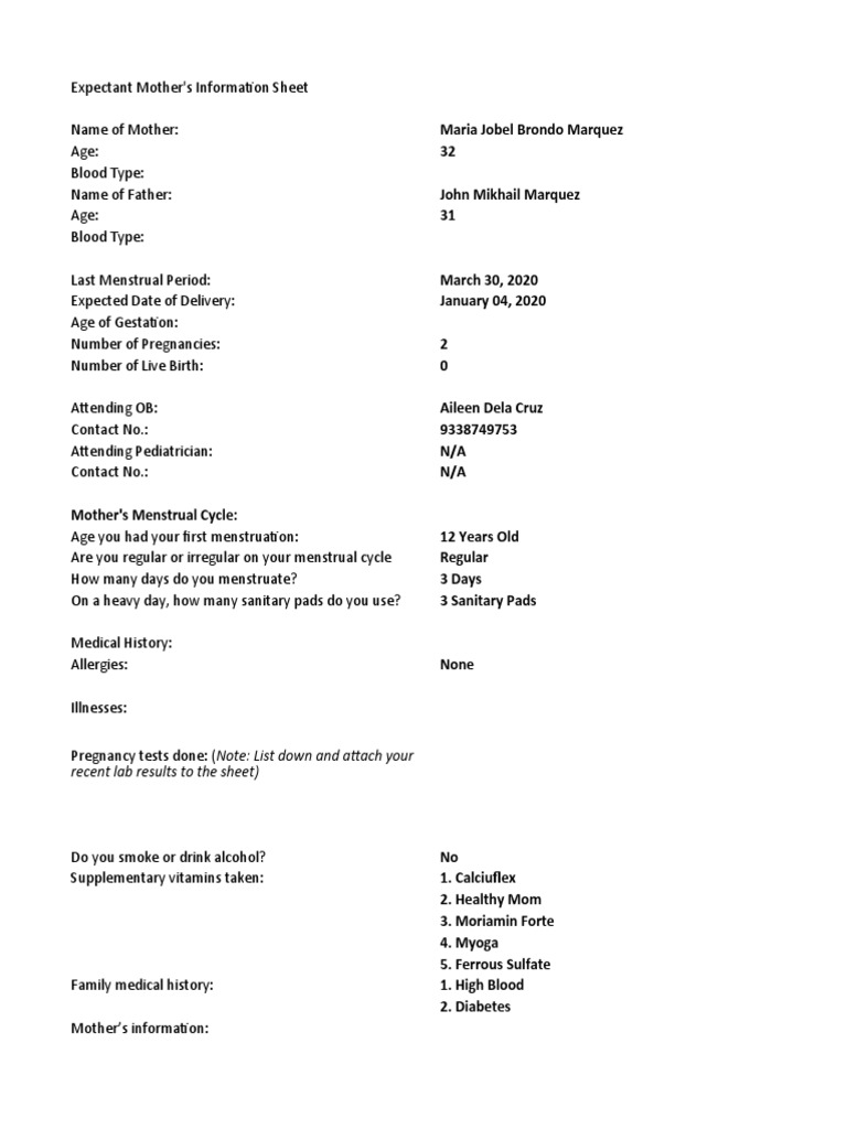 Mommy and Baby Information Sheet | PDF