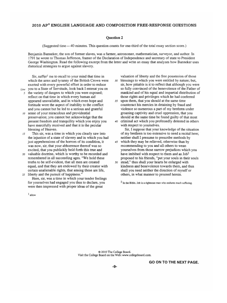 2010 AP English Language and Composition Free Response Questions Sample ...