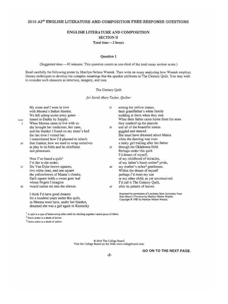 2010 AP English Literature Free Response Questions Sample Responses ...