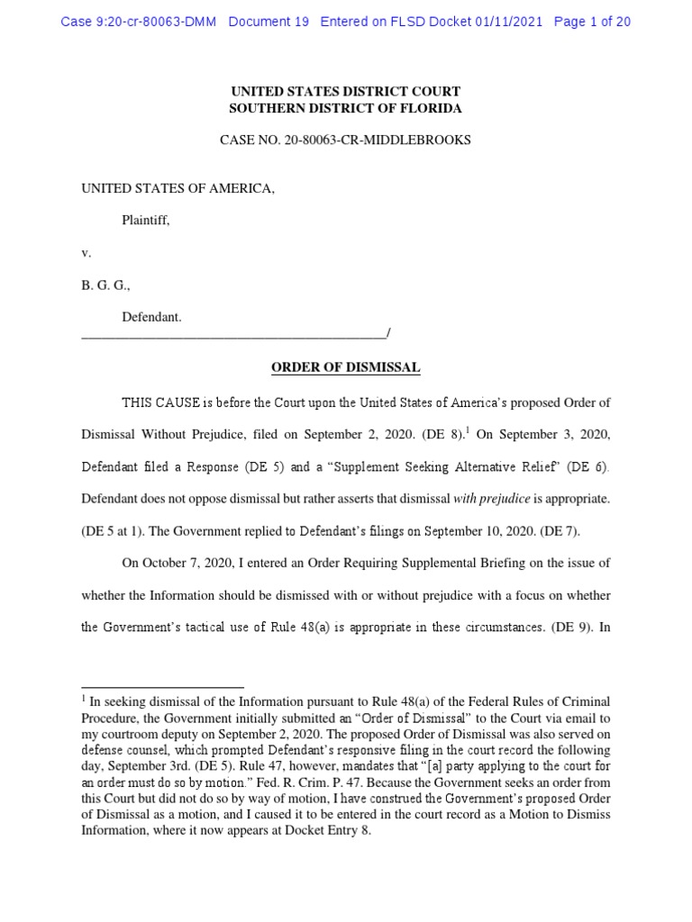 Judge Middlebrooks Order Dismissing With Prejudice | PDF | Indictment ...
