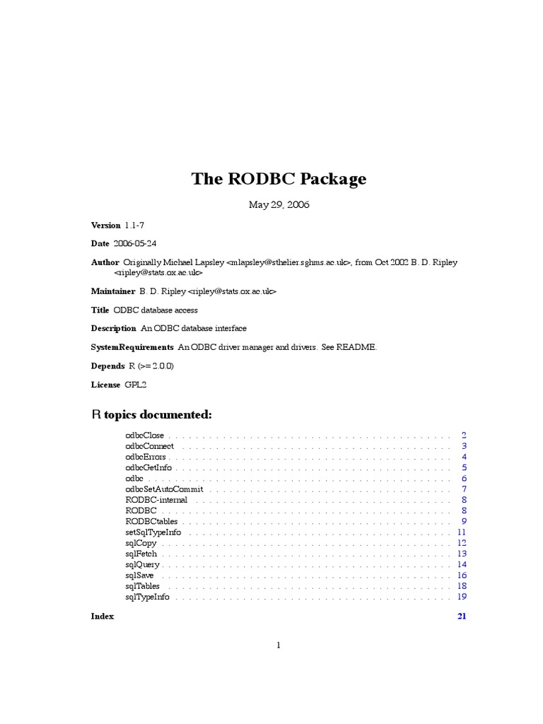 The RODBC Package: R Topics Documented | PDF | Databases | Sql
