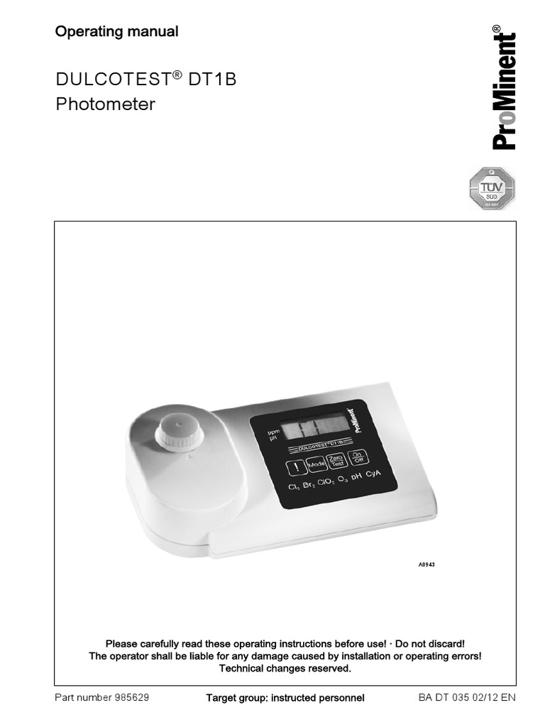 Dulcotest Dt1B Photometer: Operating Manual | PDF | Chlorine | Chemistry