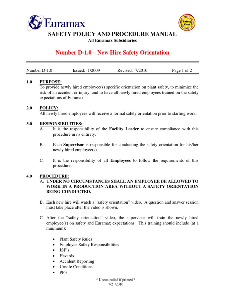D-1.0 New Hire Safety Orientation 7 2010 | PDF | Personal Protective ...