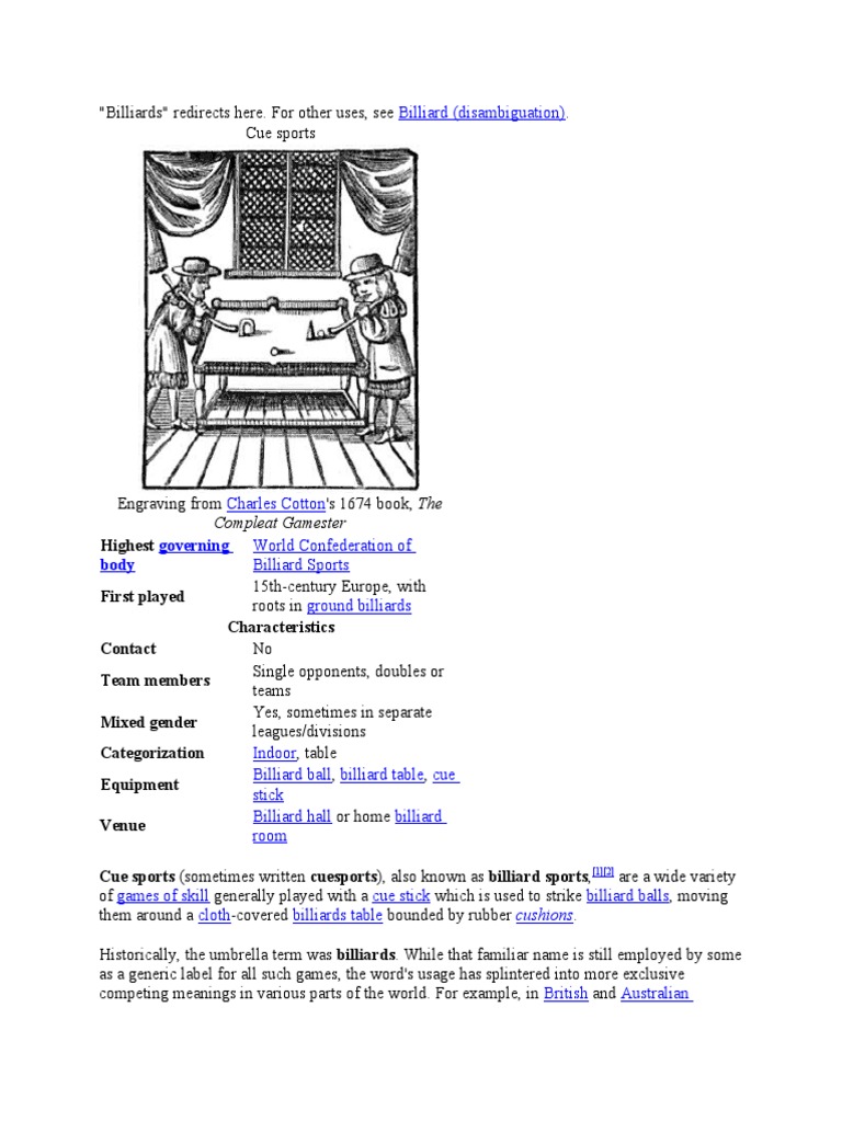 History of Billiard | PDF | Cue Sports | Pool (Cue Sports)