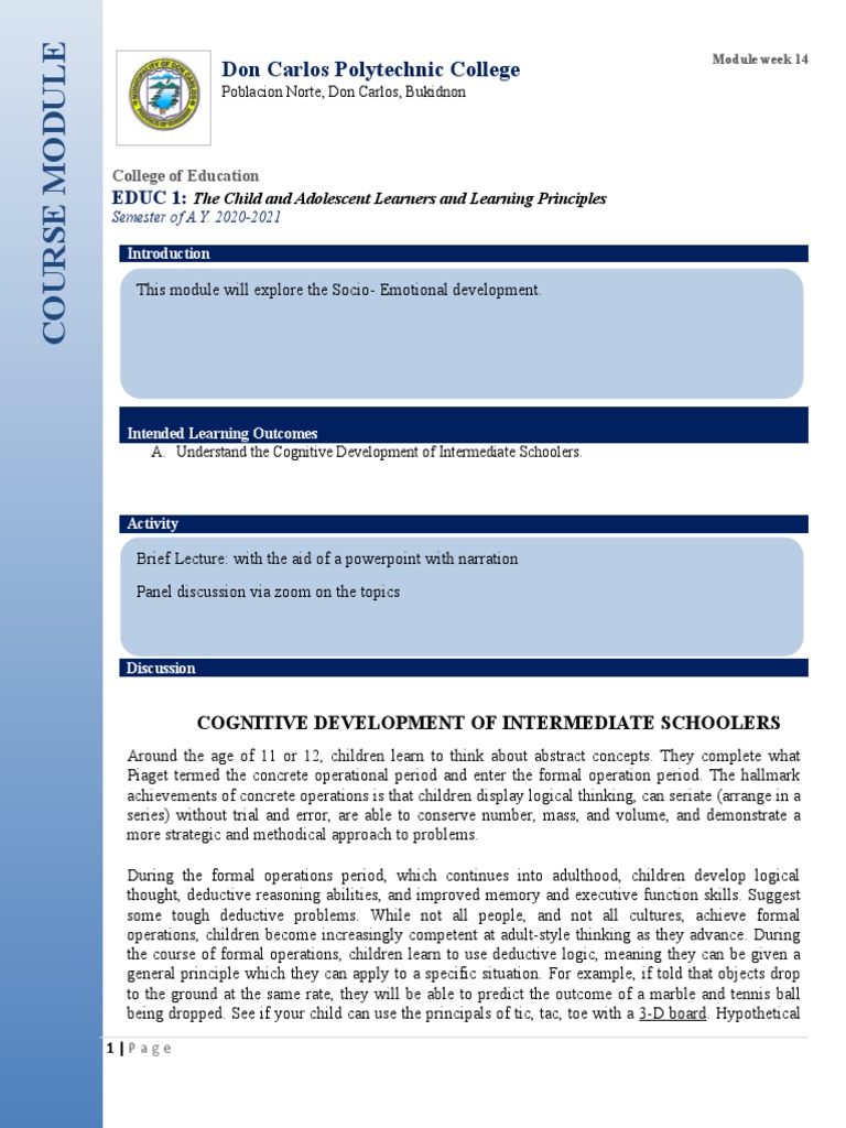 Course-Module - Educ 1 Week 14 | PDF | Cognitive Development | Adolescence