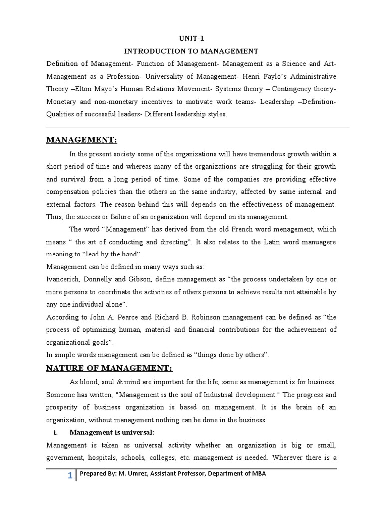 Management:: UNIT-1 Introduction To Management | PDF | Motivation ...