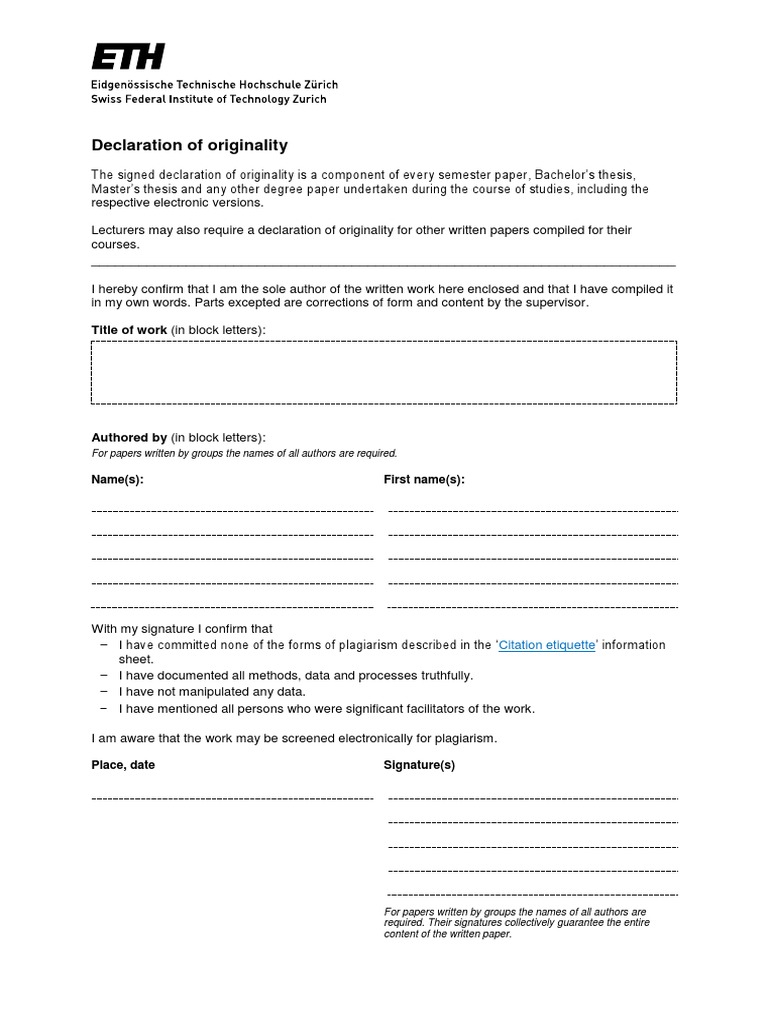 Declaration of Originality: Title of Work (In Block Letters) | PDF