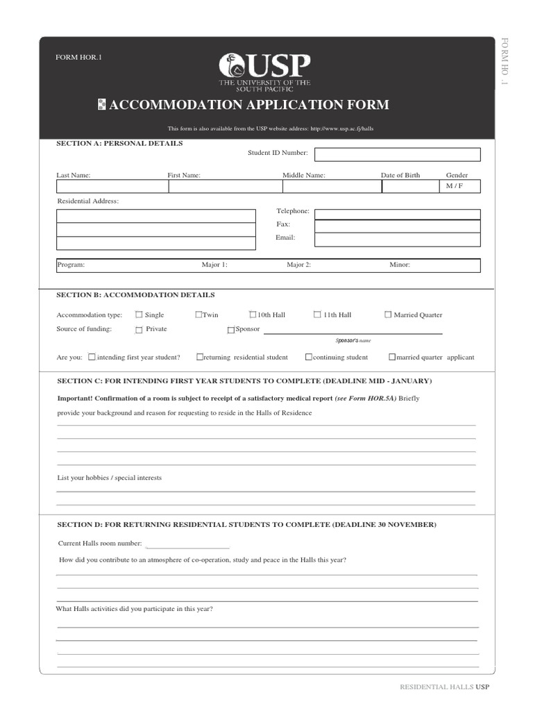 USP Accommodation Application Form | PDF | Dormitory | Business