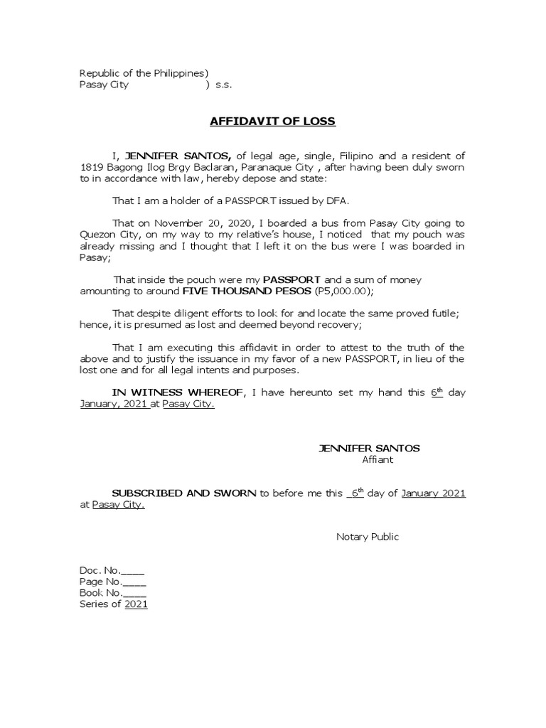 Affidavit of Loss Passport | PDF