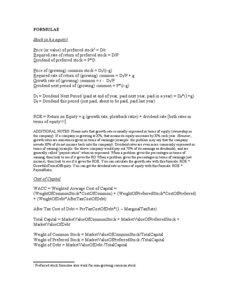 FORMULAE Stock, Preferred Stock, Common Stock, ROE, WACC Formulas | PDF ...