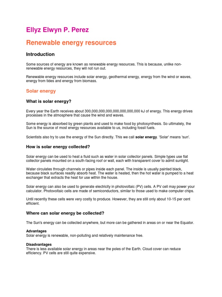 Renewable Energy Resources: Ellyz Elwyn P. Perez | PDF | Fuels | Fossil ...