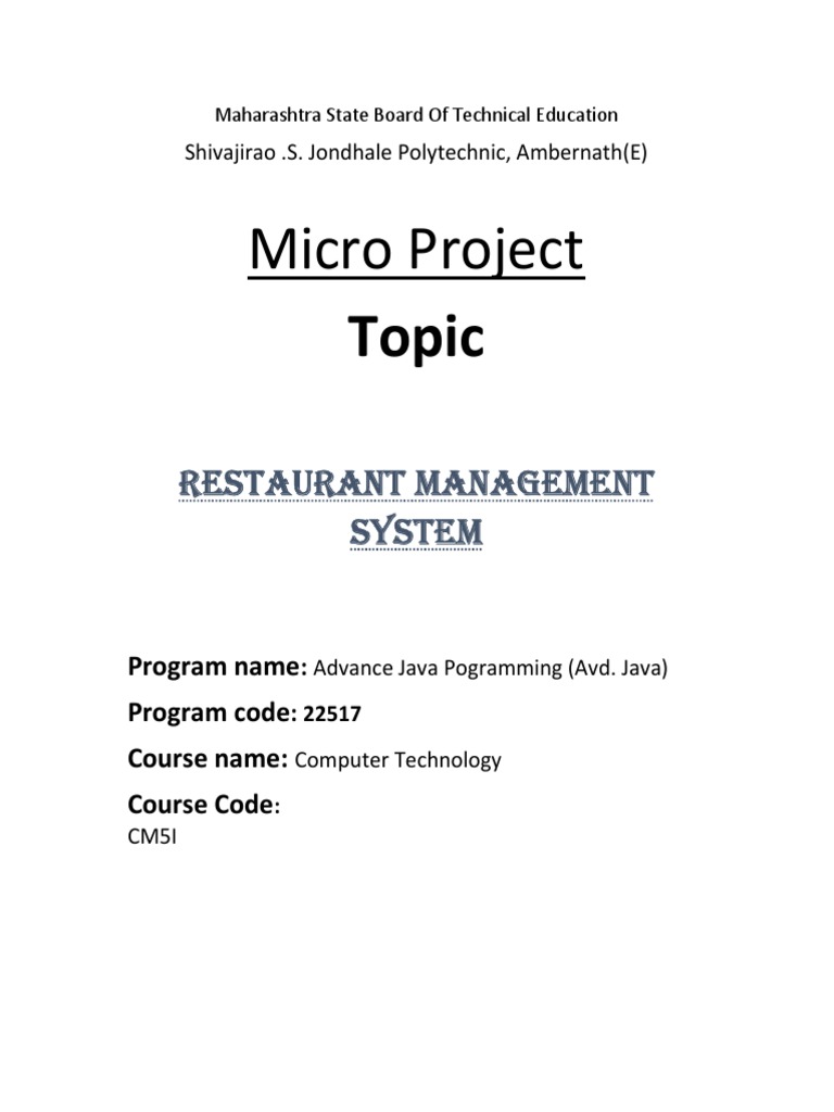 Micro Project Topic: Restaurant Management System | PDF | Restaurants | User (Computing)