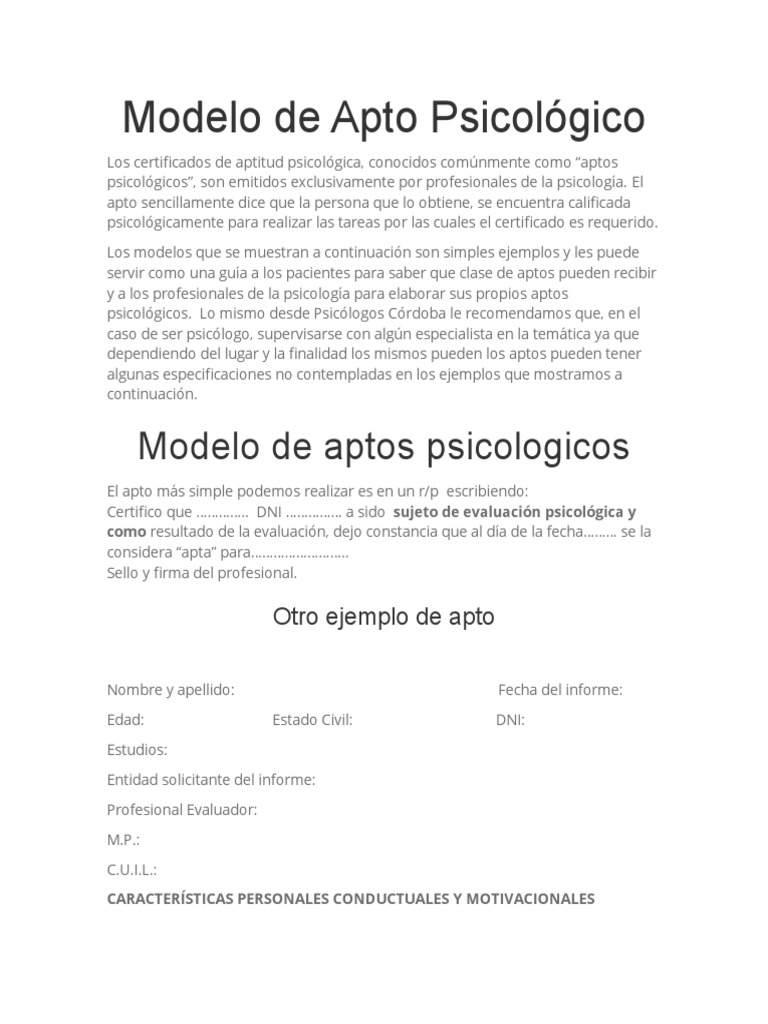 Modelo de Apto Psicológico | PDF | Sicología | Evaluación