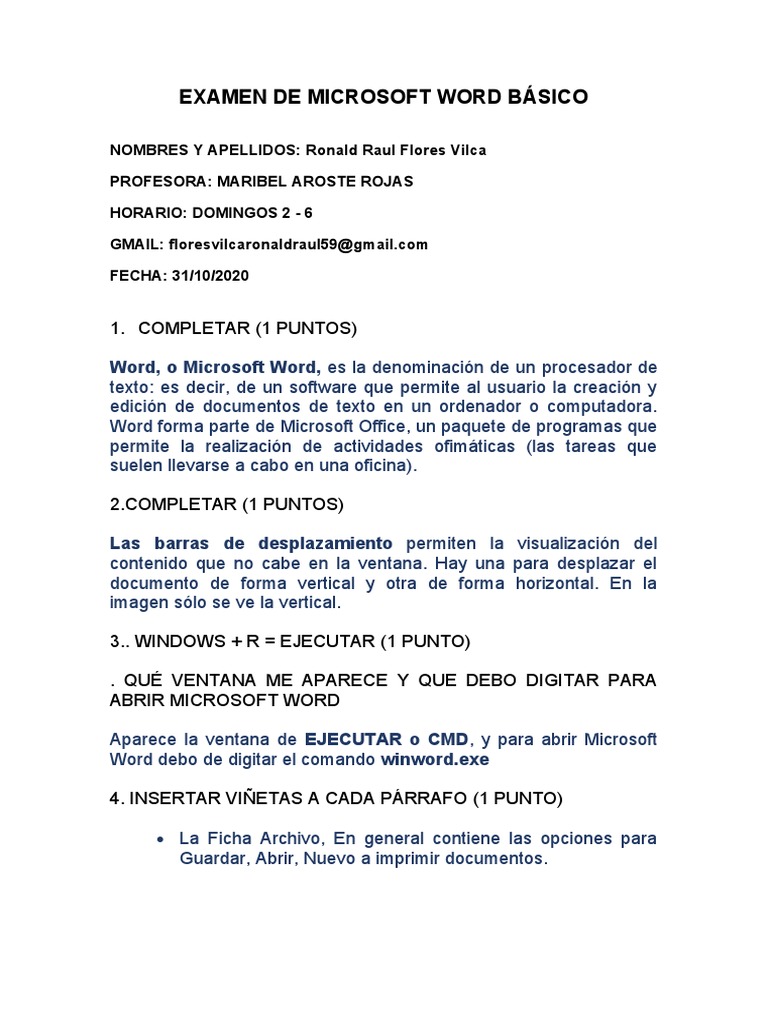 EXAMEN DE MICROSOFT WORD BÁSICO (Flores Vilca) | PDF | Microsoft Word ...
