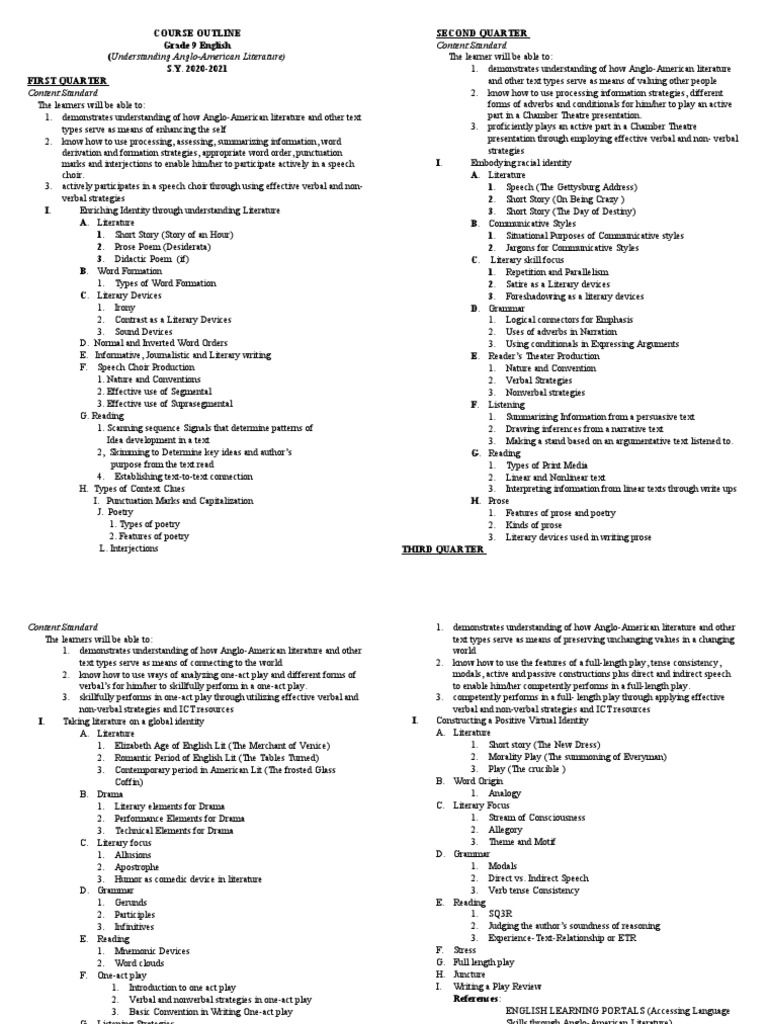 COURSE OUTLINE English Grade 9 | Download Free PDF | Nonverbal ...