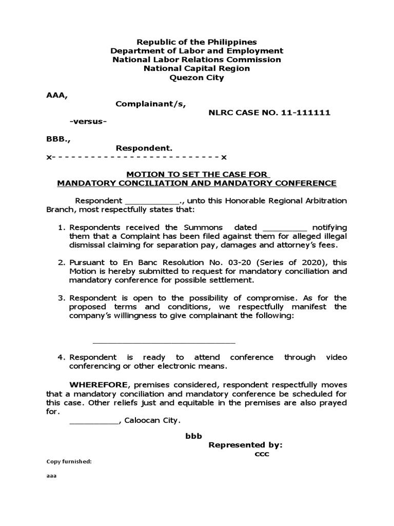 NLRC Motion For Conciliation | PDF