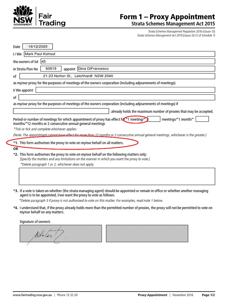 Form 1 - Proxy Appointment: Strata Schemes Management Act 2015 ...